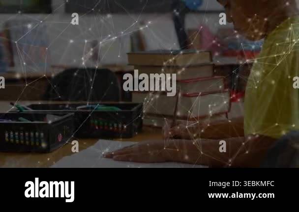 School student placing paper and grabbing pencil animating writing ...