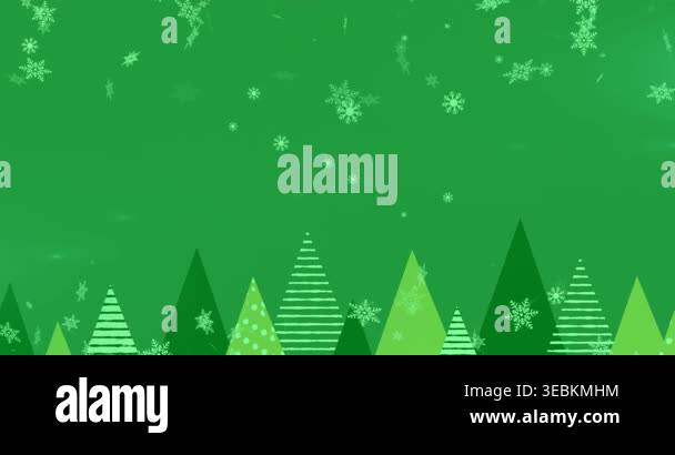 Animation of snowflakes falling over tree icons against green ...