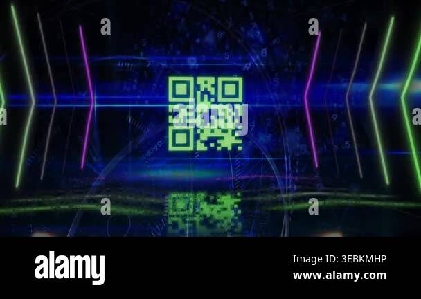 Animation of shapes and qr code on black background. Global business ...