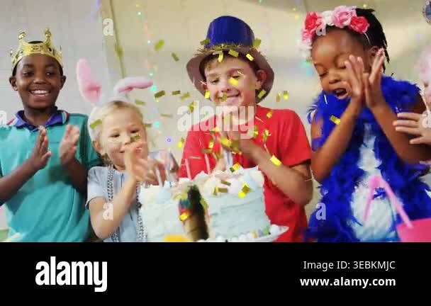 Animation of gold confetti over diverse happy children with hats having ...