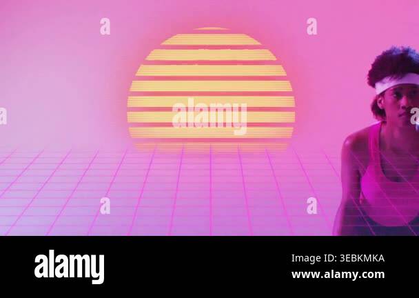 Holding racket, player in retro tennis scene with neon sun and grid ...