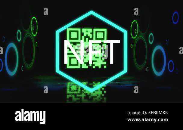 Animation of nft text and qr code over dark background. Global science ...