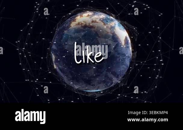 Animation of like text over globe. global business, finances ...