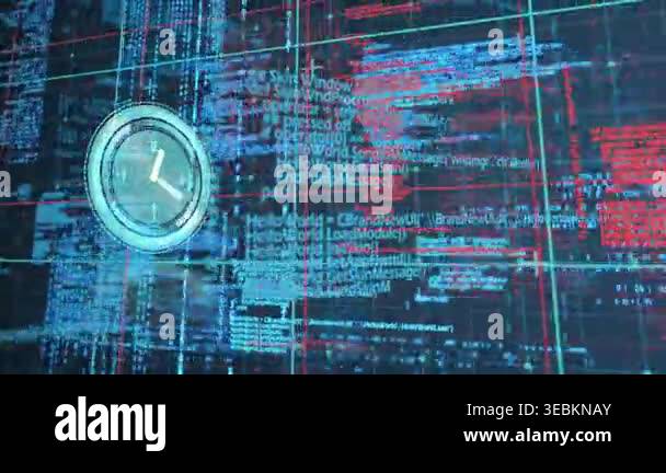 Animation of digital clock and programming language and grid pattern ...