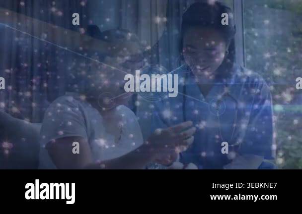 Animation of asian female doctor treating patient over data processing ...