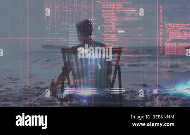 Animation of data processing over caucasian man lying on sunbed on ...