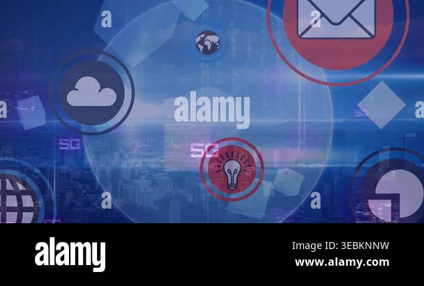Animation of social media icons over cityscape. Social media and ...