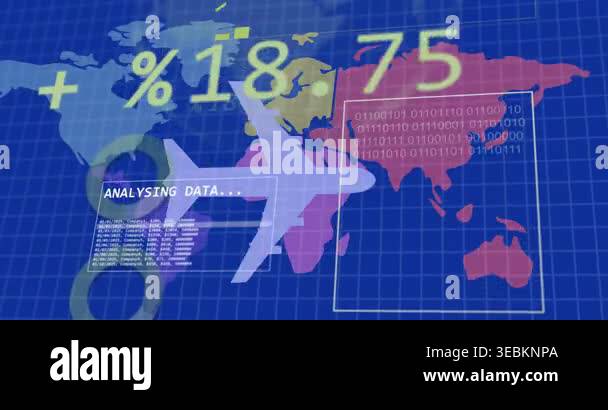 Animation of diagrams and data processing over world map and plane ...