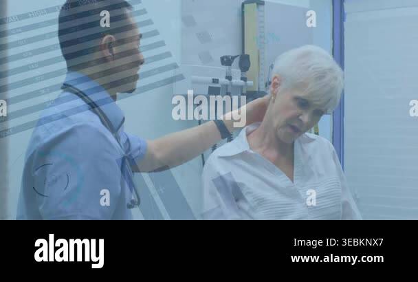 Animation of data processing over caucasian male doctor with patient ...