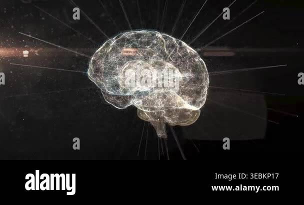 Dot panel appearing, 3D wireframe brain rotating, pulsing nodes ...