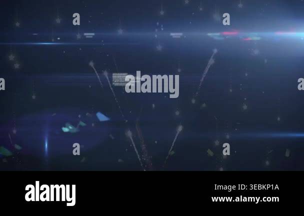 Animation of fireworks and confetti over data processing on black ...