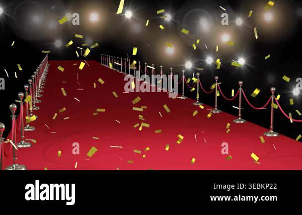 Animation of floating confetti over red carpet on black background ...