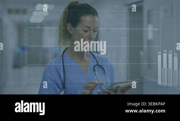 Nurse tapping tablet and revealing grid and animating bar charts for ...