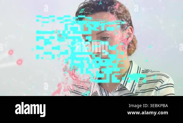 Animation of qr code, data processing and networks over woman using ...