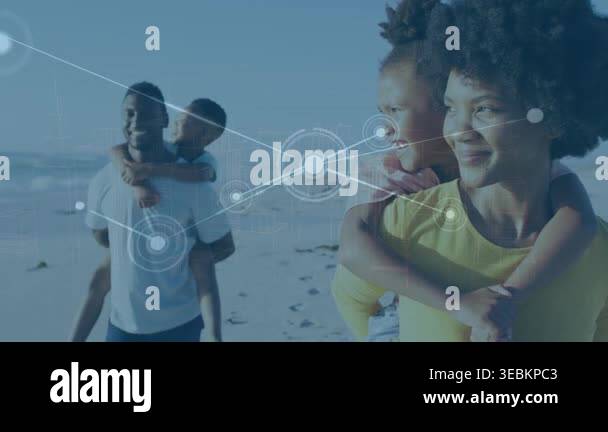 Animation of connections over happy african american family having fun ...