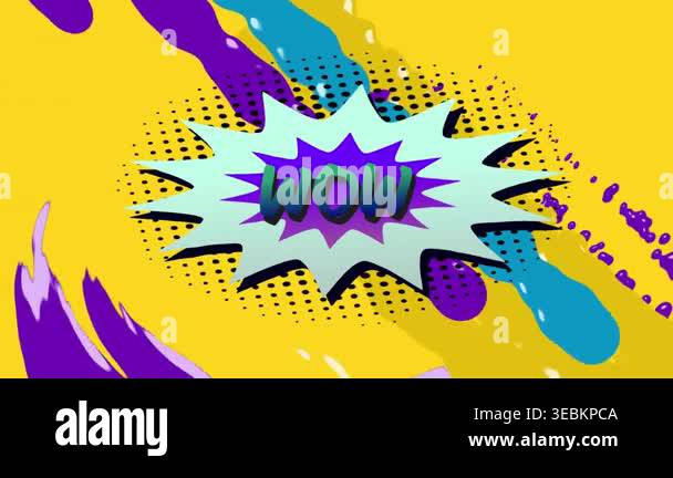 Animation of wow text over a retro speech bubble against abstract ...