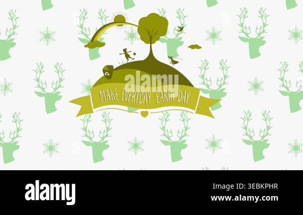 Animation of earth day text banner against reindeer face pattern design ...