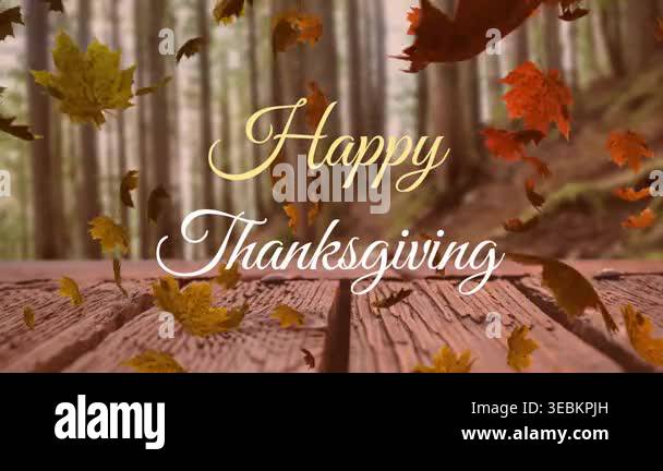Animation of happy thanksgiving text and autumn leaves falling over ...