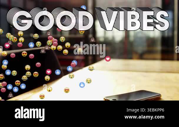Animation of good vibes text banner and face emojis against smartphone ...
