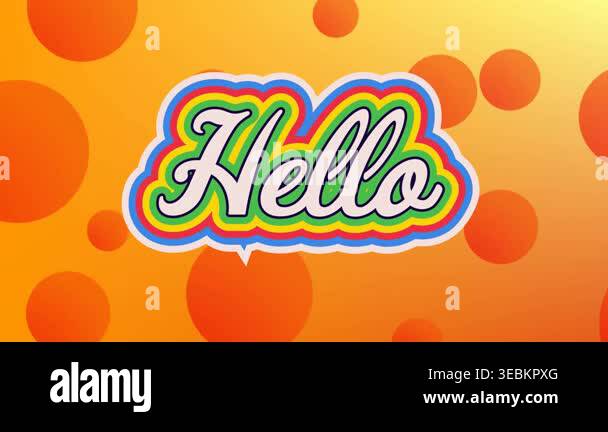 Animation of hello text over spots on orange background. Social media ...