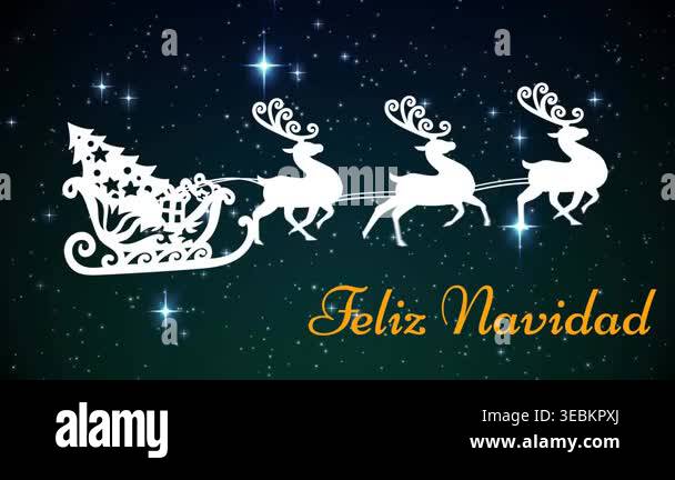 Animation of feliz navidad text and christmas tree in sleigh pulled by ...