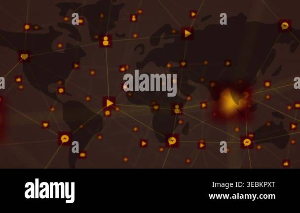 Network of digital icons over world map against brown background ...