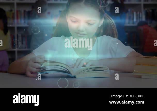 Girl opening book at table flipping pages and reading as educational ...