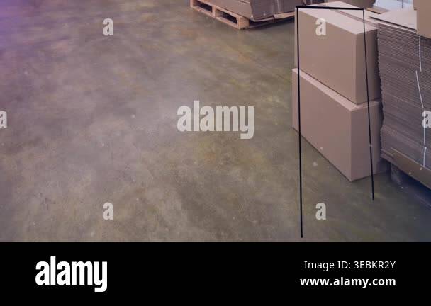 Animation of falling snow and geometrical shapes over warehouse. Global ...