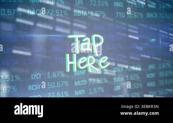 Animation of tap here text and data processing on blue background ...