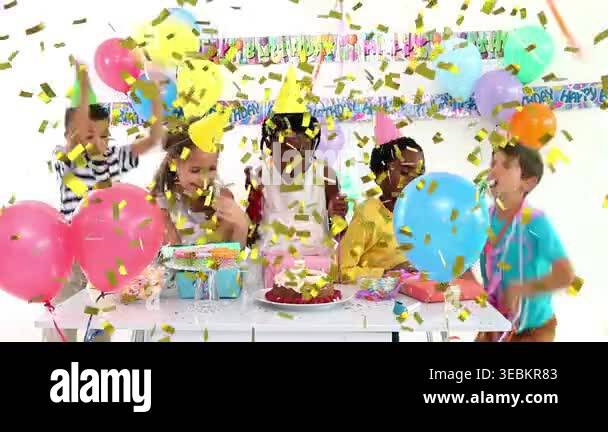 Animation of gold confetti over diverse happy children having fun at ...