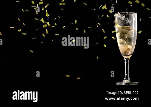 Animation of confetti over glass of champagne. Party, celebration and ...