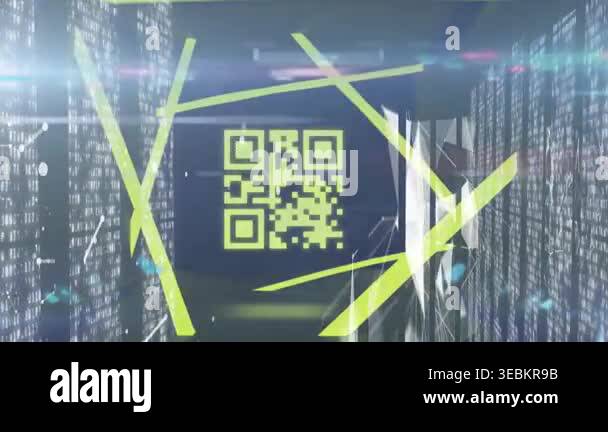 Animation of data processing and qr code over neon lights. Global data ...