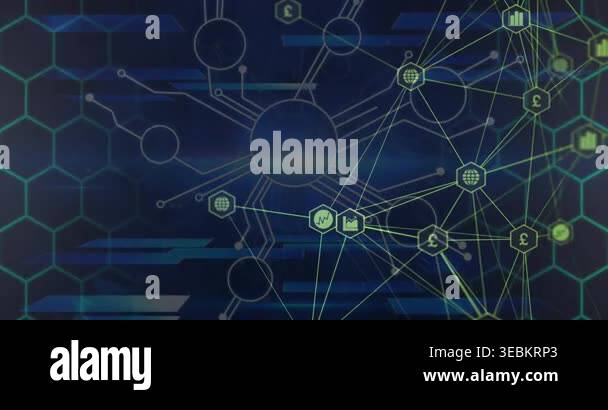 Animation of connections and hexagons over navy background. Digital ...