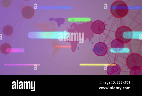 Animation of sale text, bars, connected icons forming globes over map ...