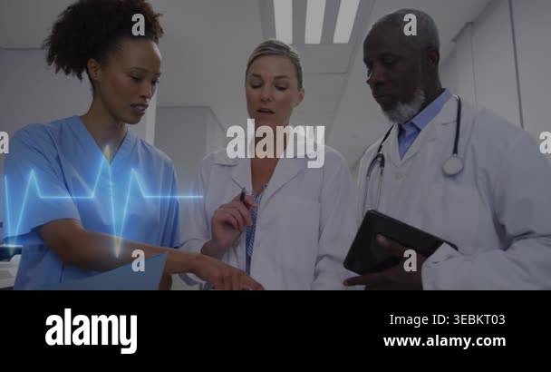 Animation of heart rate monitor over diverse group of doctors, health ...
