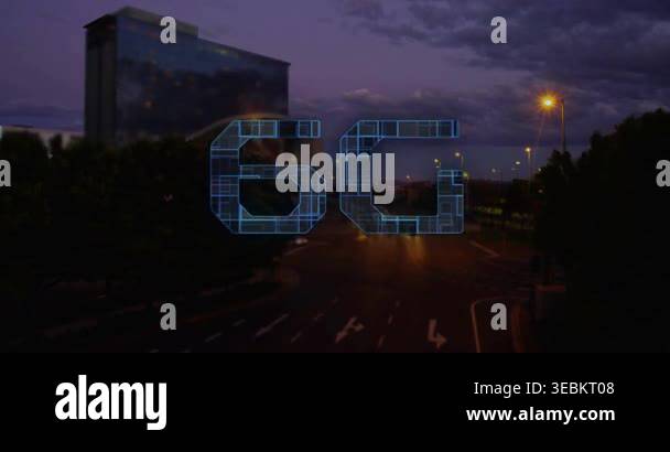 Glowing 6G text animation over busy city street during nighttime ...