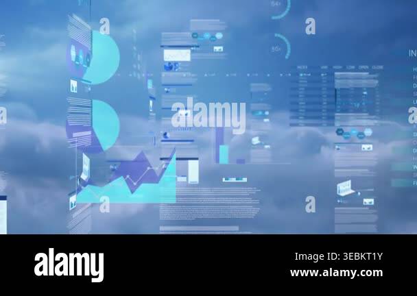 Animation of graphs and data over sky and clouds. global network, data ...