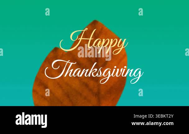 Animation of happy thanksgiving text over autumn leaves on green ...