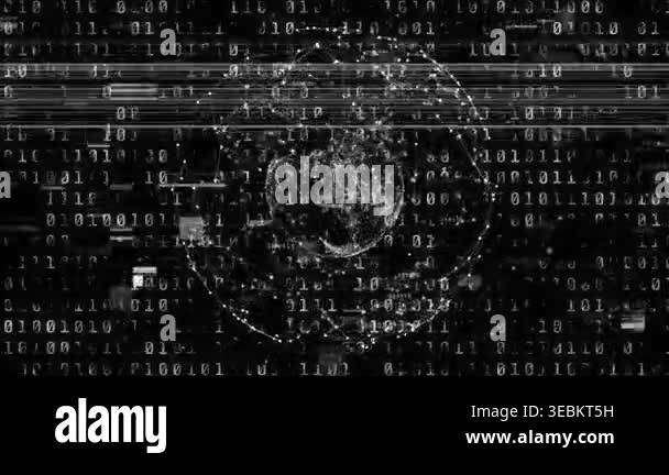 Animation of black digital screen with binary code, globe and glitch ...