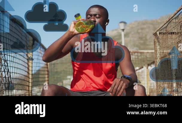 Animation of clouds and arrow icons over african american male athlete ...