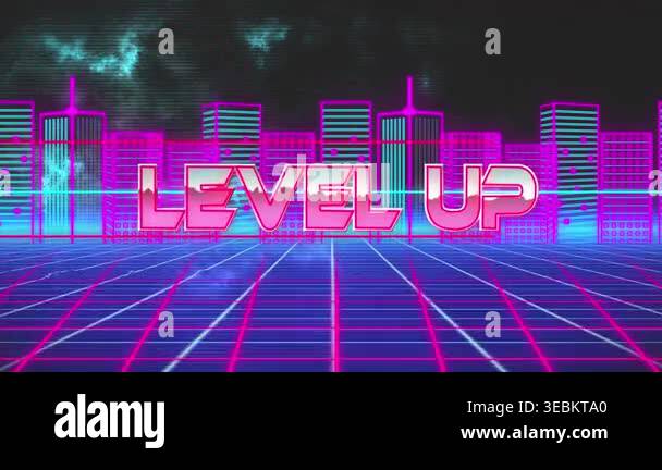 Animation of level up text over digital city on black background ...