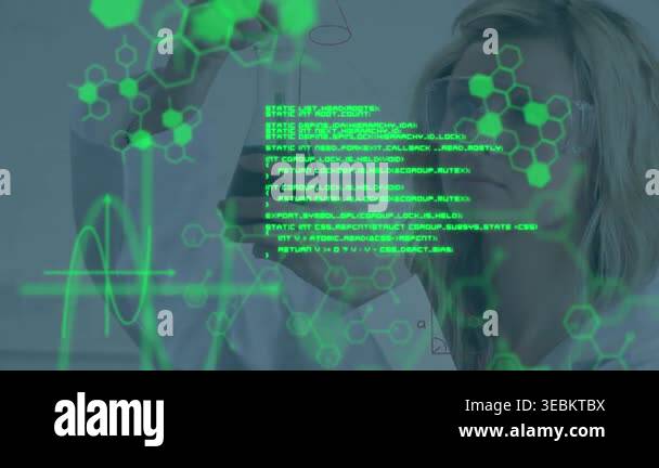 Animation of scientific data over focused caucasian female lab worker ...