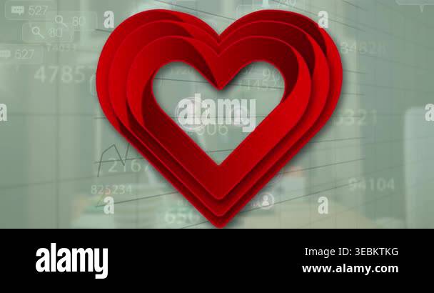 Animation of hearts over data processing and icons. Global technology ...