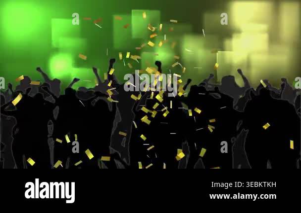 Animation of shapes and confetti over people dancing. Party ...