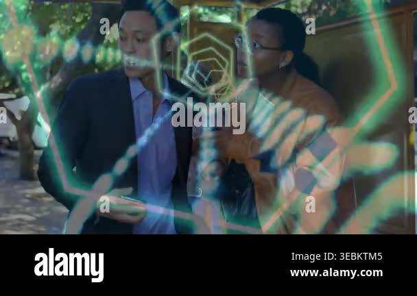 Animation of neon blue tunnel in seamless pattern against group of ...