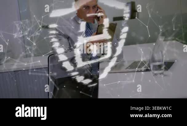Animation of security padlock icon over caucasian businessman talking ...