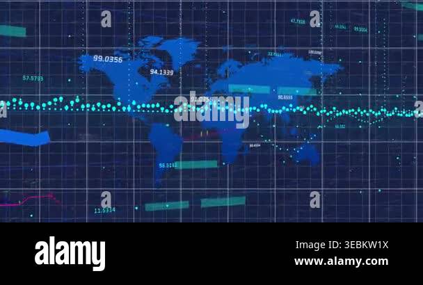 Data feed arriving stylized map animating ribbons sliding candles ...