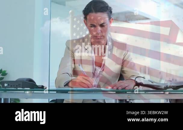 Clinician writing forms at glass desk, flag overlay drifting, finishing ...