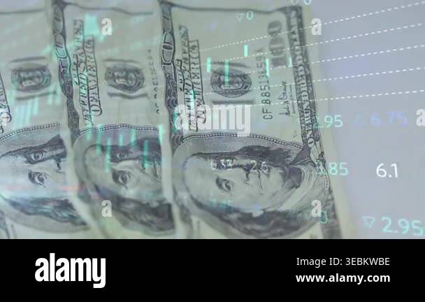 US 100-dollar bills with cyan overlay pulsing, hand entering lifting ...