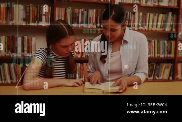 Education tutor pointing student tracing, writing with pencil while HUD ...